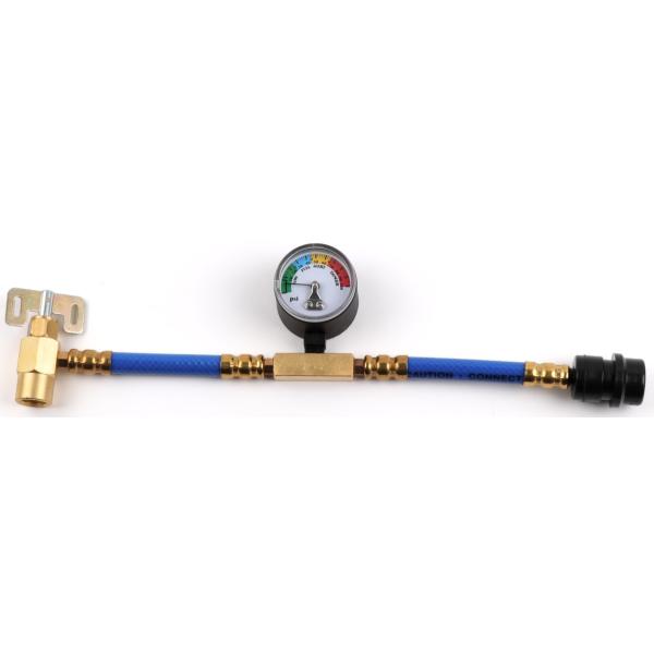 缶側バルブネジサイズ：M14×P1.25目盛範囲：10〜100ｐsi全長：31cmエアコンのR134aガスを充填するためのガスチャージです。ホースにローサイド側のクイックカプラーと缶側のバルブが付いています。ゲージタイプですのでガスのチャー...
