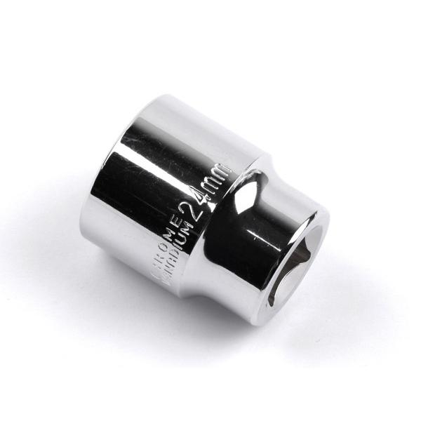 差込角：1/2"DR(12.7mm)サイズ：24mm全長＝38mm、上外径＝32mm、下外径＝26mm、深さ＝18mm材質：クロムバナジウム表面処理：ミラーボール溝×4面、本体刻印材質とサイズ