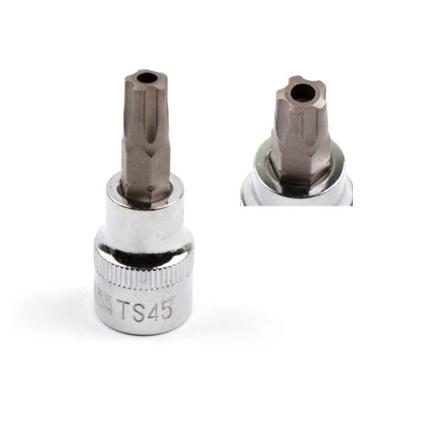 ペンタロビュラビットソケット 5角形 星型差込角3/8"DR(9.5mm)の軸長23ミリのペンタローブイジリ止ビットソケットのTS45Hです。5つの出っ張りのある五角形星型のイジリ止め対応のビットソケットです。ソケット側面に滑り止めと手回し...