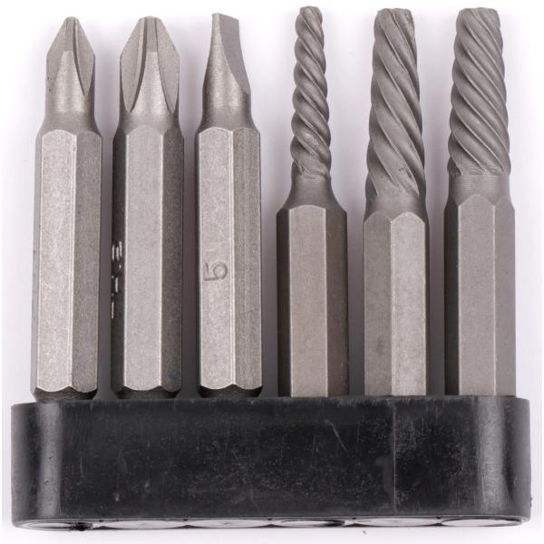 二面幅1/4"HEX(6.3mm)全長：50mmホルダー（樹脂）付き6本組 PH1×1、PH2×1、SL5×1、ドリル 1、2、3×1材質：クロムバナジウム鋼重量：74gエキストラクターセット