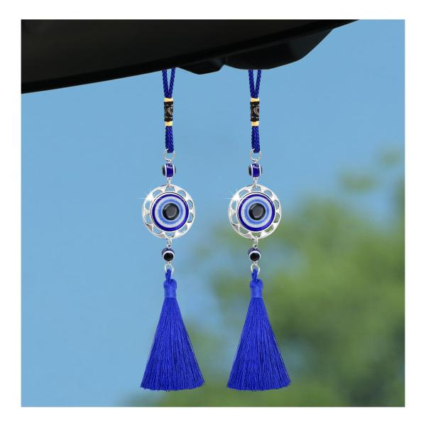 商品名: Sylvil ブルーアイ カーハンギングオーナメント ラッキーブレスブルーアイ リアビューミラーチャームペンダント タッセル 自動車インテリア 吊り下げお守り 窓のドア用 カーアクセサリーデコレーション (ラウンド) 2個 Syl...