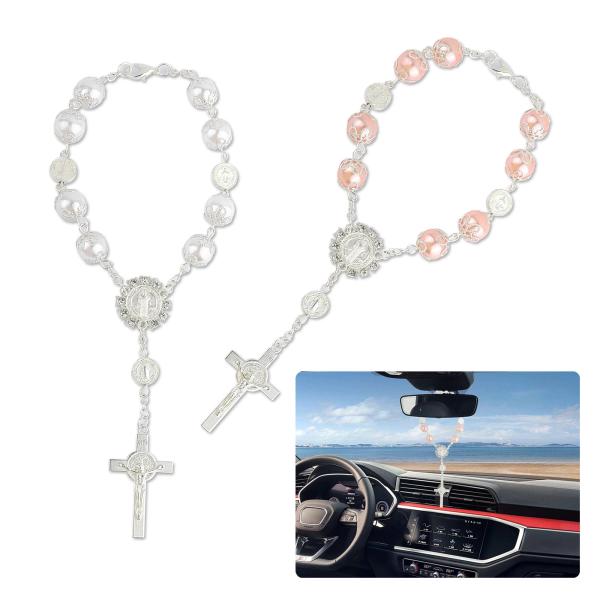 商品名: 車の装飾用カーロザリオ2個、クロスペンダント&amp;ロザリオ付きカーミラー吊り下げ用パーソナライズクロス、スタイリッシュなカーハンギングオーナメントカーアクセサリー車内SUVトラック(シルバー+ピンク) 2PCS Car Ros...