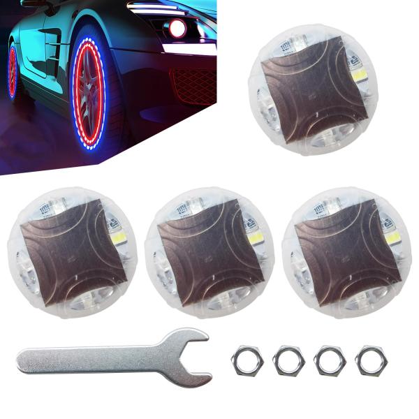 商品名: Irinidig 4個 車 タイヤ ホイール ハブ 装飾ライト モーションセンシング ソーラー LED フラッシュバルブライト 防水 16 フラッシュモード レンチ付き ユニバーサル エクステリア トリム アクセサリー 車用 (マ...