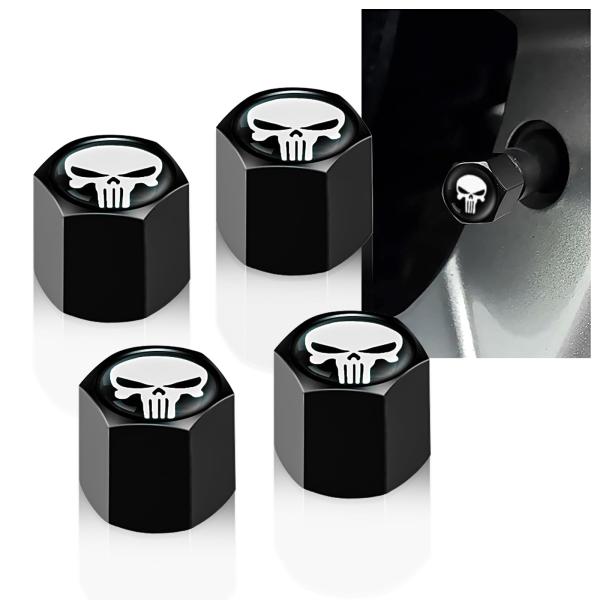 商品名:  Sumjig 4 PCS Car Tire Valve Cap, 0.5" x 0.49" Tooth Skull Printed Alloy Anti-theft Tubeless Air Valve Cap, for Car...