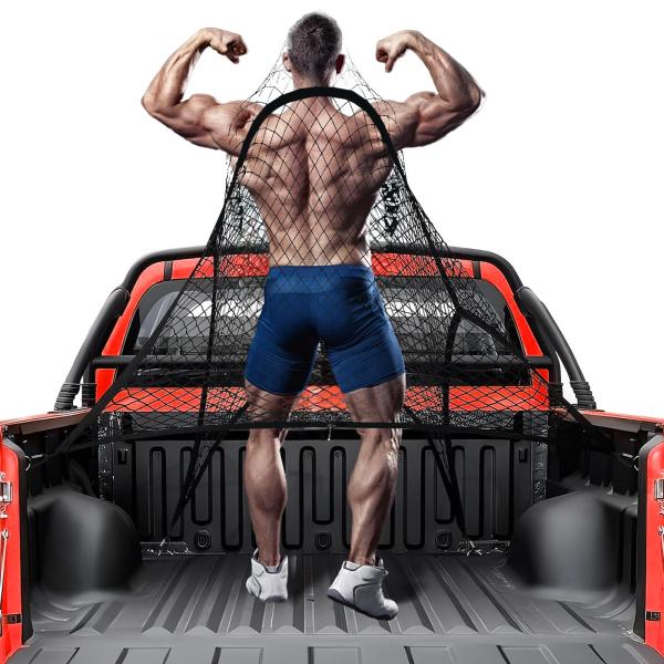 商品名: ピックアップベッド用トラックカーゴネット - 4フィート×4フィート フック付き大型バンジーメッシュネット - 車のテールゲートネット - 自動車用トレーラーアクセサリーが重い荷物を安全に運ぶ Truck Cargo Net fo...