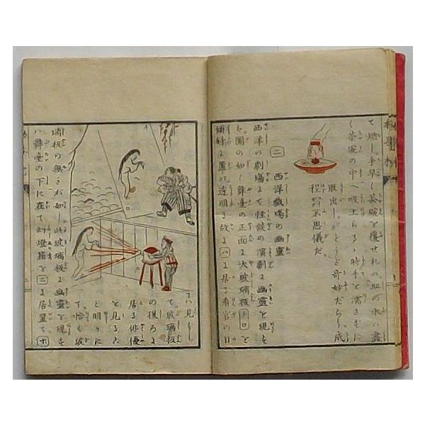 立野藤治郎編 山岸佐吉 185×120 手品本　和装　木版2色摺　題箋左部分1/3スレ、ウラ表紙記名、そのほか特段の瑕疵ナシ　本文状態良 38丁 明13