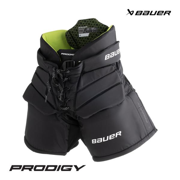 BAUER (バウアー)GKパンツ S24 PRODIGY YTH大腿部：モールドカーブド サイ脚部素材：ストレッチ（伸縮素材）クロージャー：スケートレース + エクスターナルベルト検索ワード：アイスホッケー、ゴーリー、ゴールキーパー、ゴー...