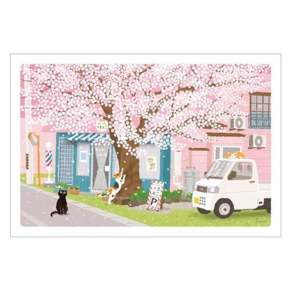日本の四季の風景を旅している猫　「たびねこ」　です。絵の中の猫達と一緒に、小さな旅を楽しみましょう。「桜通りの理髪店」サイズ：148×100mm素材：紙株式会社アクティブコーポレーションポストカード　メッセージカード　ギフト　かわいい　プレ...