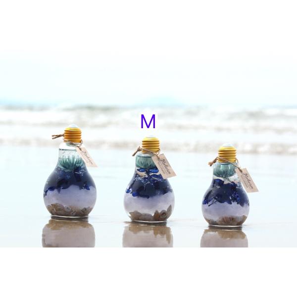 ★Mサイズの電球ボトルです。　最大直径 7.5cm　高さ 13.5cm★作品1個のお値段です。★使用材料・シルバーデージー・アジサイ・かすみ草・貝・ドライフラワー・プリザーブドフラワー★ギフトボックスを希望の方は、ギフトbox電球ボトル用(...