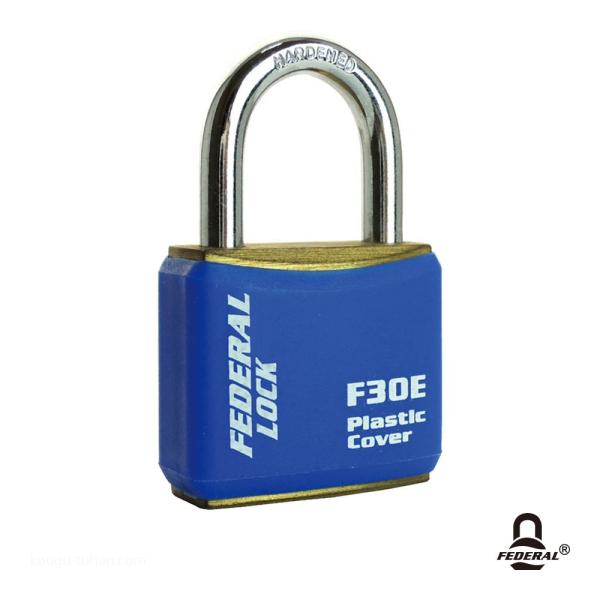 ●名称：南京錠ボディーカバー付 30mm ブルー●メーカー：FEDERAL LOCK：フェデラルロック●型番：F30E-B-P●工具・パーツ収納、施錠＞南京錠(鍵式)●セット内容：[付属品] 鍵：2個●仕様：本体材質：黄銅 ツル材質：鉄 幅...
