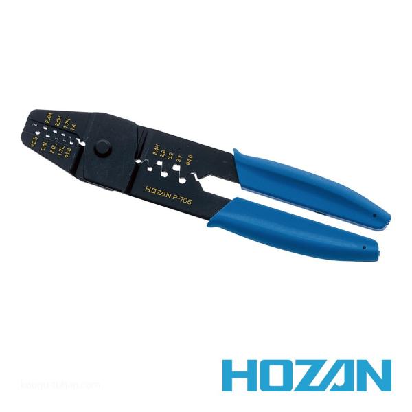 ●名称：圧着工具●メーカー：HOZAN：ホーザン●型番：P-706●電工工具、部品＞圧着工具●仕様：全長(mm)：208 適応電線サイズ：AWG#28〜#14 重量(g)：200●特長：オープンバレル型コンタクト用。板厚が薄く小型コンタクト...