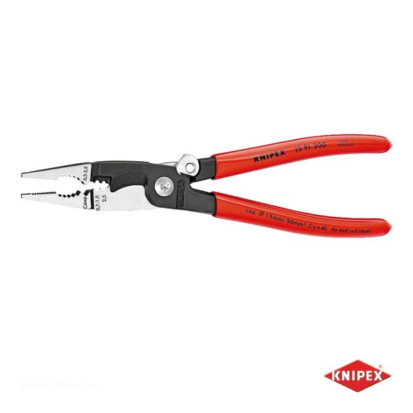 ●名称：エレクトロプライヤー オープンスプリング付●メーカー：KNIPEX：クニペックス●型番：1391-200●ペンチ、ニッパー、ピンセット＞ラジオペンチ●仕様：ヘッド仕上げ：黒防錆コート、研磨 ハンドル仕様：プラスチックコーティング ス...