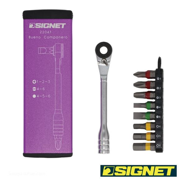 ●名称：ミニラチェセット パープル●メーカー：SIGNET：シグネット●型番：22047●自動車・バイク用工具＞バイク用車載工具●セット内容：ミニラチェット プラスビット：#1・2・3 マイナスビット：4・6mm HEXビット：4・5・6m...