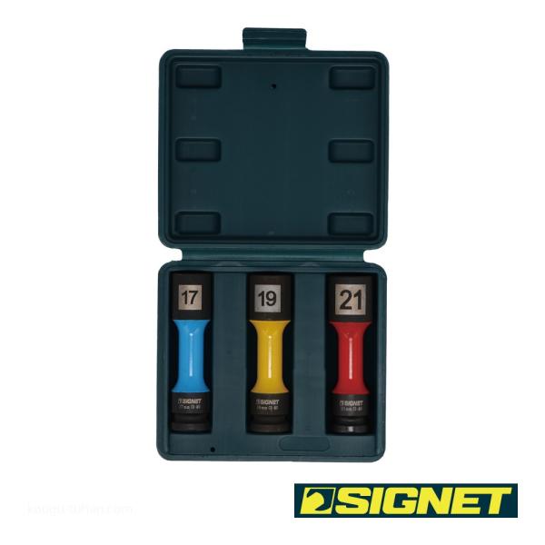 ●名称：1/2DR 3PCホイルナット用薄肉インパクトソケットセット●メーカー：SIGNET：シグネット●型番：23395●ソケット＞ホイールナットソケット「薄肉で狭い箇所に最適」●セット内容：ホイルナット用薄肉インパクトソケット：17(青...
