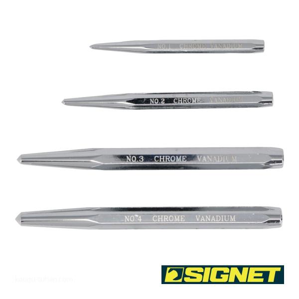 ●名称：4PC センターポンチセット●メーカー：SIGNET：シグネット●型番：60570●ハンマー、ポンチ、クランプ＞センターポンチ●セット内容：3・4・6・8mm●仕様：材質：CR-V 刃先幅(mm)：3・4・6・8 胴サイズ(mm)：...