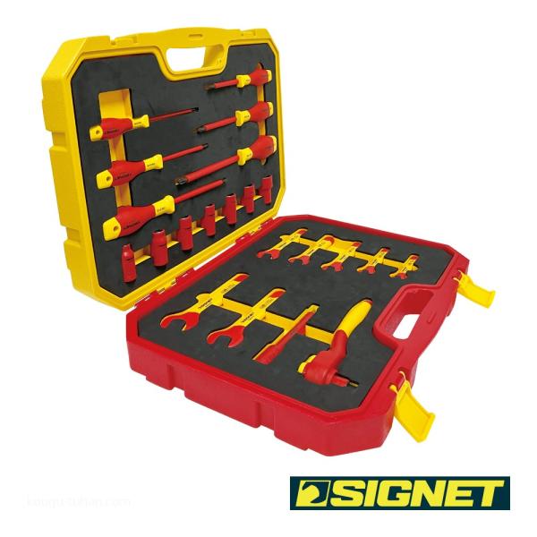 ●名称：22PC 絶縁工具セット●メーカー：SIGNET：シグネット●型番：E81022●電工工具、部品＞絶縁工具＞絶縁工具セット「シグネットの絶縁工具は絶縁工具唯一の国際規格であるIEC60900に適合」●セット内容：3/8"SQ絶縁ラチ...