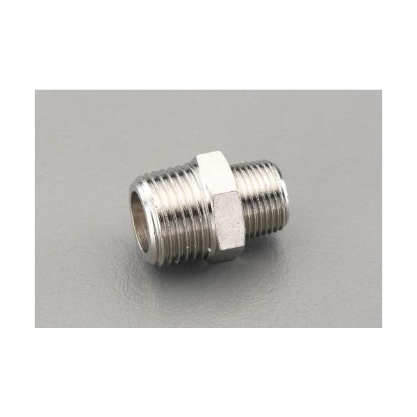 "●材質…真鍮（ニッケルメッキ）●最高使用圧力…0.8MPa●ねじ径…R（PT）1/8”×R（PT）3/8”●ねじ有効長…7.6×11.6mm●六角対辺…17mm●全長…24.2mm●重量…約19g…水道、ガス、エアー用配管部材/空気・水そ...