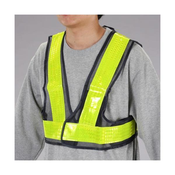 "●メッシュ色…紺●反射テープ色…黄●着丈…40cm(ショート丈)●ウエスト…フリー(130cmまで)●反射テープ幅…60mm●材質…メッシュ部分：ポリエステル、反射テープ●電源…単3電池×2個(別売)●光源…LED●プリズム型高反射材で従...