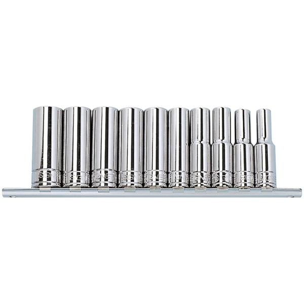 ●差込角(SQ)：1/4●ミラー仕上げのメッキが美しいディープソケットセット。●ボルトの貫通したナットや、奥まった所での作業に最適。●ボルト・ナットを傷めにくい面接触タイプ。●6角タイプ。●ソケットホルダー付き。ディープソケット：4・5・6...