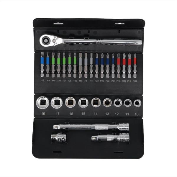 ●差込角(DR)：3/8●ソケット全長(mm)：25mm(サイズ10-14mm)、26mm(サイズ15-19mm)●ビット全長(mm)：50●材質：クロムバナジウム鋼●展開時サイズ(mm)：W220×D300×H30●収納時サイズ(mm)：...