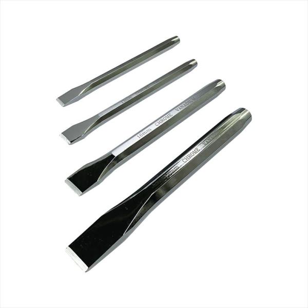 ●材質：CR-V●刃先幅（mm）：10・13・16・19●胴サイズ（mm）：9.5・9.5・12.7・15.9●全長（mm）：140・150・165・180●美しいミラーメッキ仕上げのチゼル4本セット。●八角胴セット内容：10・13・16・...