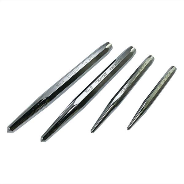 ●材質：CR-V●刃先幅（mm）：3・4・6・8●胴サイズ（mm）：8.0・9.5・12.7・12.7●全長（mm）：100・120・150・150●美しいミラーメッキ仕上げのセンターポンチ4本セット。●八角胴セット内容：3・4・6・8mm...