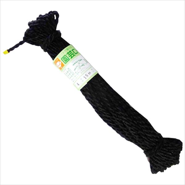 手触りが良く変色が有りません。[用途]プラスチック竹垣の結束や装飾。[機能]ソフトで使いやすいロープです。家庭用サイズです。[仕様]●色：黒。●太さ：約4mm。●長さ：約15m。[材質]●芯：ポリエチレン。●表面：PP。[注意事項]天然樹木...