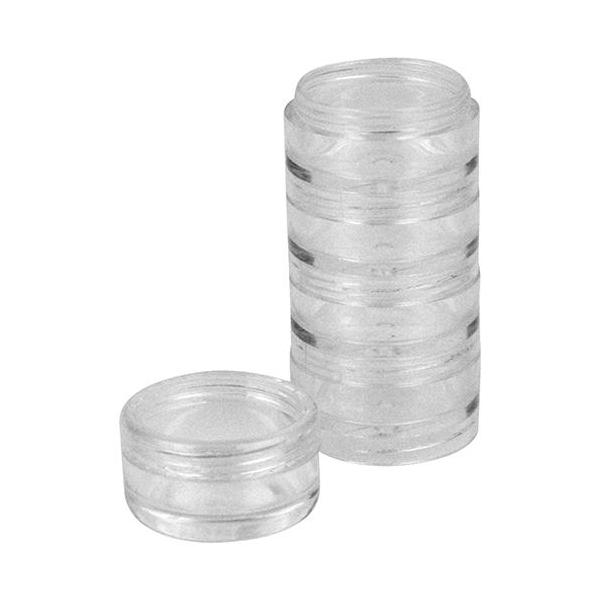 円形でクリアなため収納した小物が確認し易いケースです。[用途]パーツ等小物類の収納。[機能]本体の連結はネジ式で組み合わせ自在です。中身が見易いクリアータイプです。5段組みです。[仕様]●外寸：直径31×73(5段)mm。●色：クリア。●内...