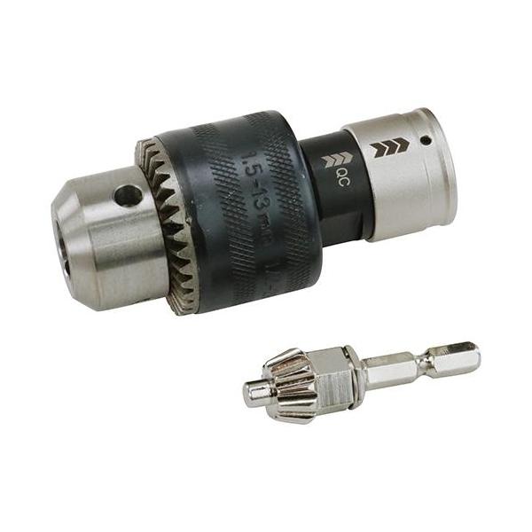 インパクトレンチに簡単に取り付け可能なドリルチャックです。[用途]ドリル・研磨工具をインパクトレンチ装着用アタッチメント。[機能]インパクトレンチに簡単に取り付け可能なQC仕様です。インパクトドライバーやスパナ、メガネレンチでも着脱可能なチ...