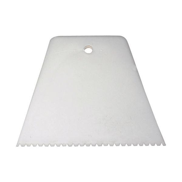 接着剤を櫛形に2mmの厚さに塗れます。[用途]コルクタイル専用ヘラ。[機能]ヘラの先端のギザギザがコルクタイルを張るのに丁度良く、のり厚に出来ます。PPプラスチックは接着剤が付きにくい材質で、何回でも使用可能です。[仕様]●色：乳白。[材質...