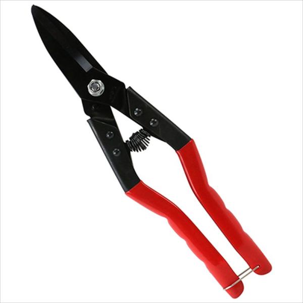 刃が曲がっているので、板を切っても手が邪魔になりくく、直線、曲線が切れる万能タイプです。[用途]軟鋼材、銅板、真鍮板、アルミ板、プラスチック板、家庭菜園の摘花・芽切り。[機能]ノコ目があるので対象物がすべりにくいです。バネ付きで、ハサミの開...