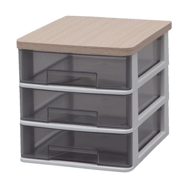 "●環境にやさしいリサイクル原料を使用した浅型3段タイプのチェストです。<br>●ナチュラルな木目調の天板で、オフィスはもちろんご家庭のインテリアにも調和します。<br>●着脱式フレームなので、引出しの段数を組み替え...