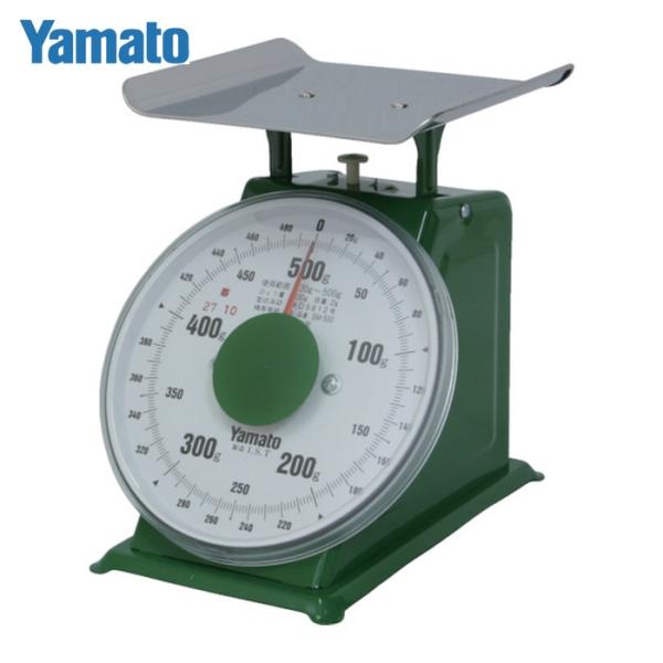 YAMATO 自動はかり|特長:大きく見やすい目盛板、大きな物も計りやすい、ワイドな平皿仕様です。 (YSDシリーズ)。