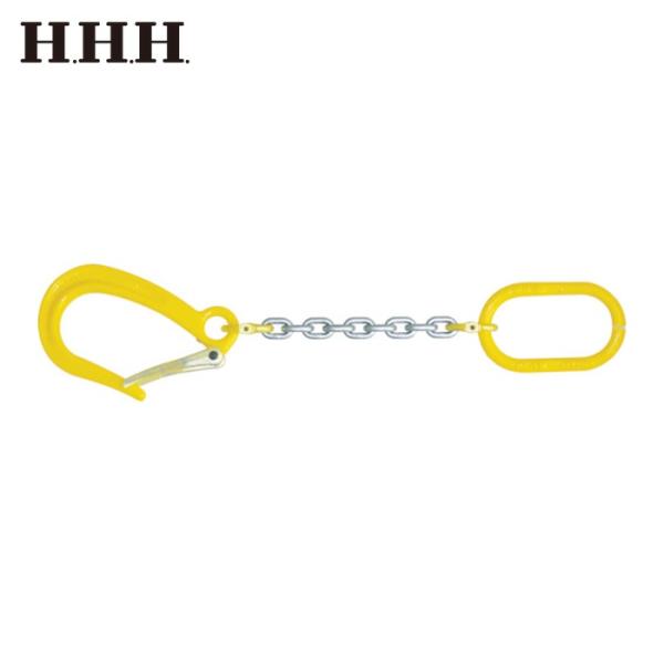 HHH チェーンスリング|特長:フック、チェーン、リングを接続済みですのですぐにご使用いただけます。 ファンドリーフックは口幅が広くふところが大きいので、直接敷き鉄板や径の太い物などを引っ掛けることができます。 安全タグ付きです。