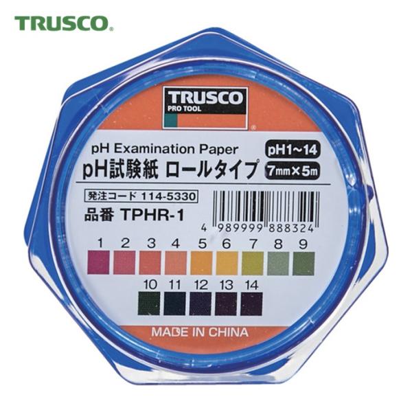 TRUSCO pH試験紙|特長:必要な長さにカットして使用できるロールタイプです。 ディスペンサーにカラーチャートがついています。 カラーチャートが中央に表記してあるので測定しやすいです。