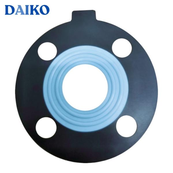 ダイコー ガスケット|特長:EPDMゴム成形品にPTFEフィルムを加圧加熱成形し、一体密着させたガスケット材です。 ゴム特有の弾性とPTFEの防食性を兼ね備え、シール性に優れています。 締付け面圧の得られないPTFEの耐薬品・防食性が必要な...