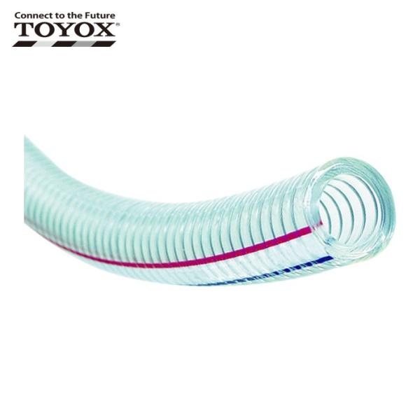 TOYOX 工業用ホース|特長:折れ・つぶれに強く、流体が止まりにくく安心です。 耐油性に優れ、ホースが硬化しにくく長寿命です。 透明性に優れ、流体の確認ができ安全・安心です。