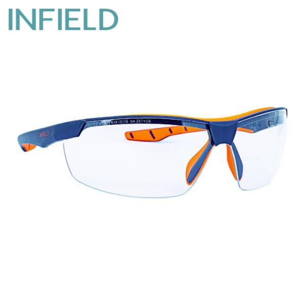 INFIELD 二眼型保護メガネ(フィットタイプ)|特長:ドイツで設計されておりデザイン性に優れています。 フレームに靱性があり大きくしなるため、衝撃に強く壊れにくいです。 テンプルにソフトラバーを使用しており抜群のフィット感でズレ落ちません。