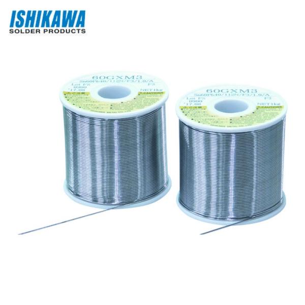 石川 糸はんだ|特長:電気・電子基板など広い用途に対応可能なフラックスを充填したはんだです。 フラックスやはんだの飛散がなく精密電子機器類のはんだ付けや自動はんだ付けラインに最適です。 絶縁抵抗の高いA等級フラックスタイプです。