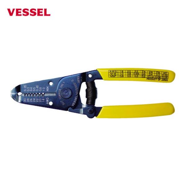 VESSEL ワイヤストリッパー|特長:刃は、ダイヤモンド精密砥石研磨により、高精度のはく離を実現しました。 グリップには、AWG・mm・mm[[の2乗]]の換算表付です。 刃の根元では電線をカットできます。