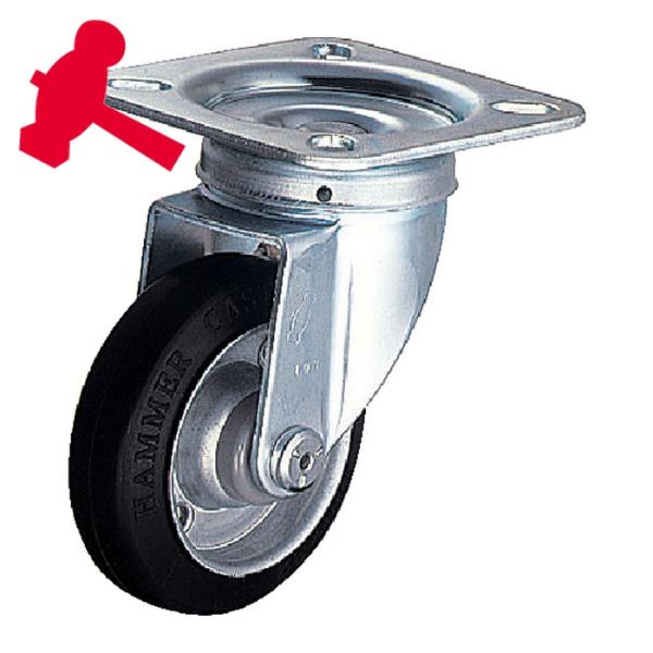 ハンマー プレート式ゴムキャスター|特長:取付座が大きく機械の移動用または、運搬車用として多く使用されている重量用キャスターです。