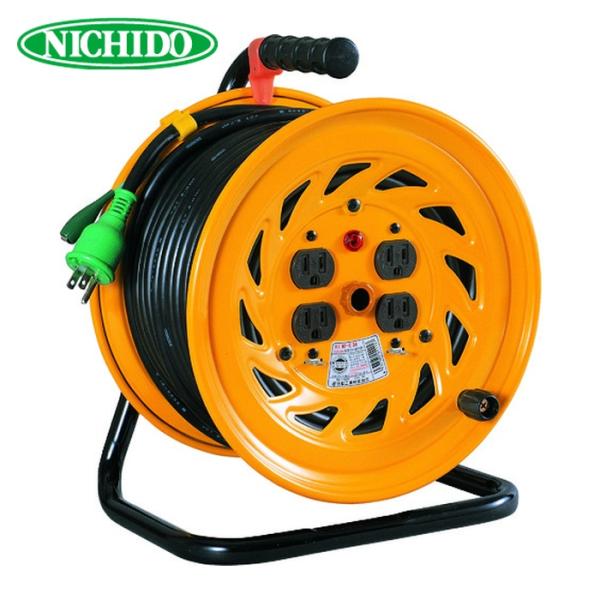 NICHIDO コードリール(単相100V)|特長:2芯3芯どちらのコンセントでも使用できる「ポッキンプラグ」採用のロングセラー商品です。 首ダレしない1本足フレームです。