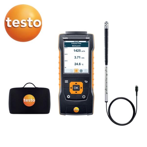TESTO 多機能環境測定器|特長:testo440本体と熱線式風速プローブのセットで、風速、温度を測定し、風量を演算します。 風速プローブはスタンダードな固定ケーブルタイプで、微~低風速域で高精度の測定結果を表示します。 最長0。