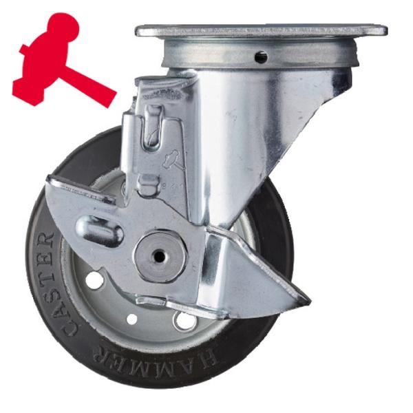 ハンマー プレート式ゴムキャスター|特長:荷重に対する抵抗力が大きく、旋回もスムーズです。