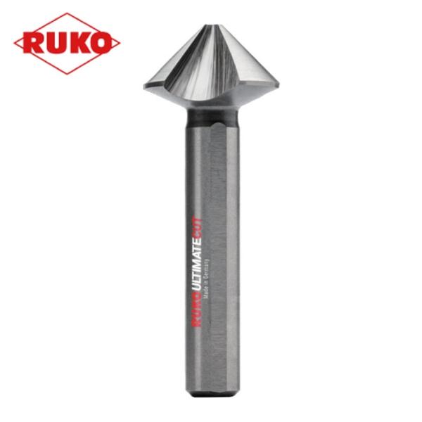 RUKO カウンターシンク|特長:独自の切り刃形状により従来品比較で切削スピード30%と製品寿命60%と大幅に向上しています。 送り方向への力は最小限に抑えられ、極めて静かに切削が可能で仕上がりは非常に滑らかです。