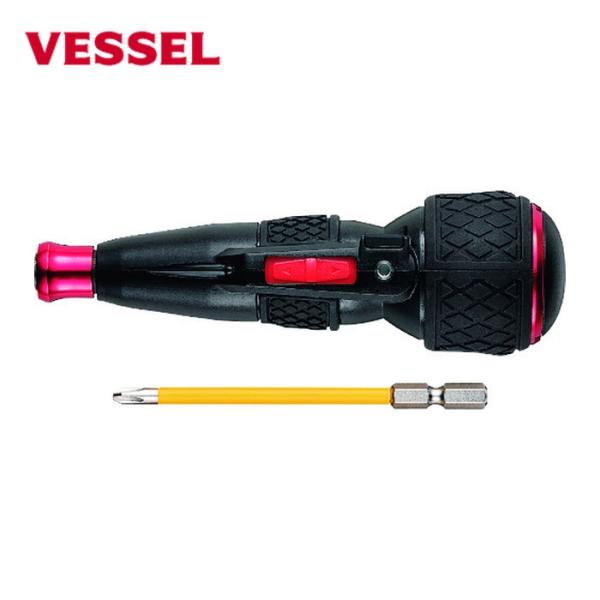 VESSEL 充電ドライバー|特長:リチウムイオンバッテリーとモーターを搭載した、電動ボールグリップドライバーです。 早締めは電動モータで、本締めは手動のドライバー感覚でおこなえます。 軽い力で正転・逆転が操作できるスライドスイッチ付きです。