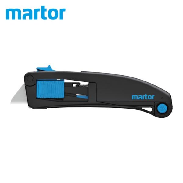 martor セーフティカッターナイフ|特長:スライダーを押すと刃が出ますが、押したままでも切断終了と同時に刃が自動収納されるため安全です。 右、左、上の三方向からスライダー操作が可能なため最適な角度や体勢で作業できます。 丸みを帯びたデザ...