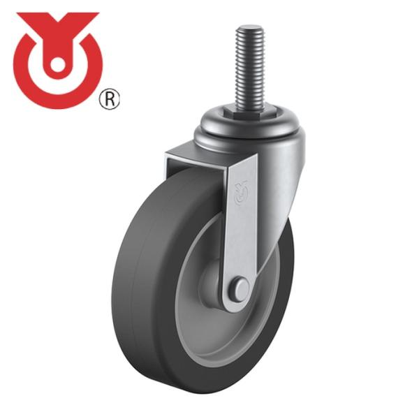 ユーエイ ねじ込み式エラストマーキャスター|特長:耐水性・耐食性に優れたオールステンレス製金具を使用しています。 走行性・耐荷重を備えた標準的な小型キャスターです。 軽量で床面を汚しにくいエラストマー車輪を使用しています。