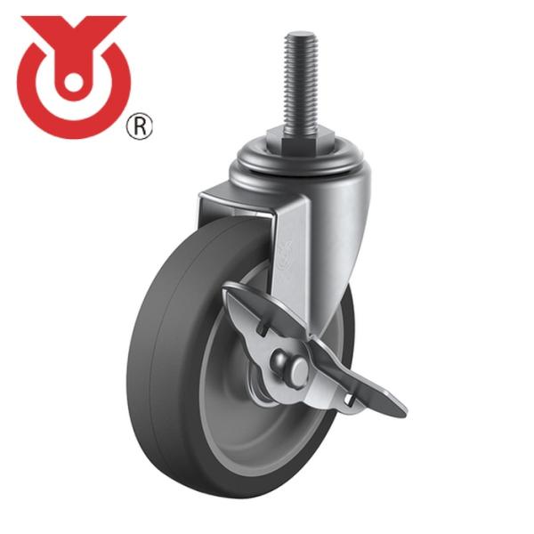 ユーエイ ねじ込み式エラストマーキャスター|特長:耐水性・耐食性に優れたオールステンレス製金具を使用しています。 走行性・耐荷重を備えた標準的な小型キャスターです。 軽量で床面を汚しにくいエラストマー車輪を使用しています。