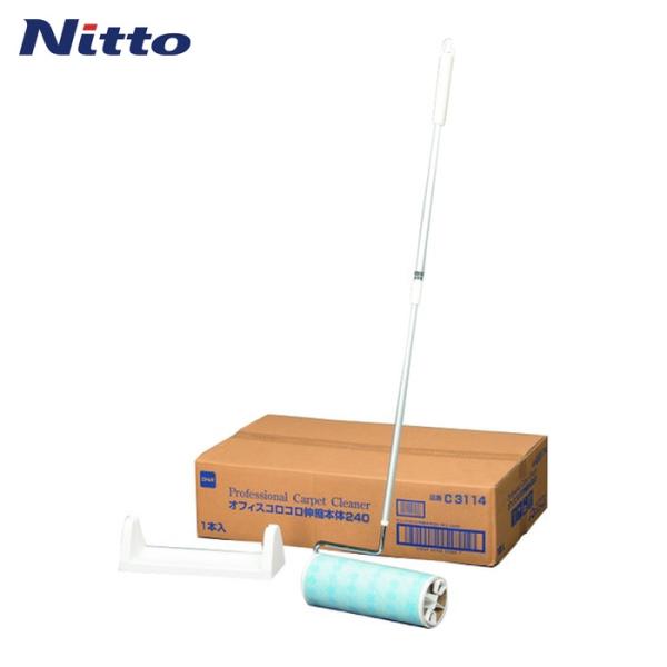 ニトムズ 粘着ローラークリーナー|特長:業務用W粘着タイプのコロコロです。 平滑面の床からカーペット、壁や天井まで、これ1本でどんな床にも対応します。 ワイドサイズで作業効率アップ、収納には出し入れ簡単なトレイタイプのケース付です。